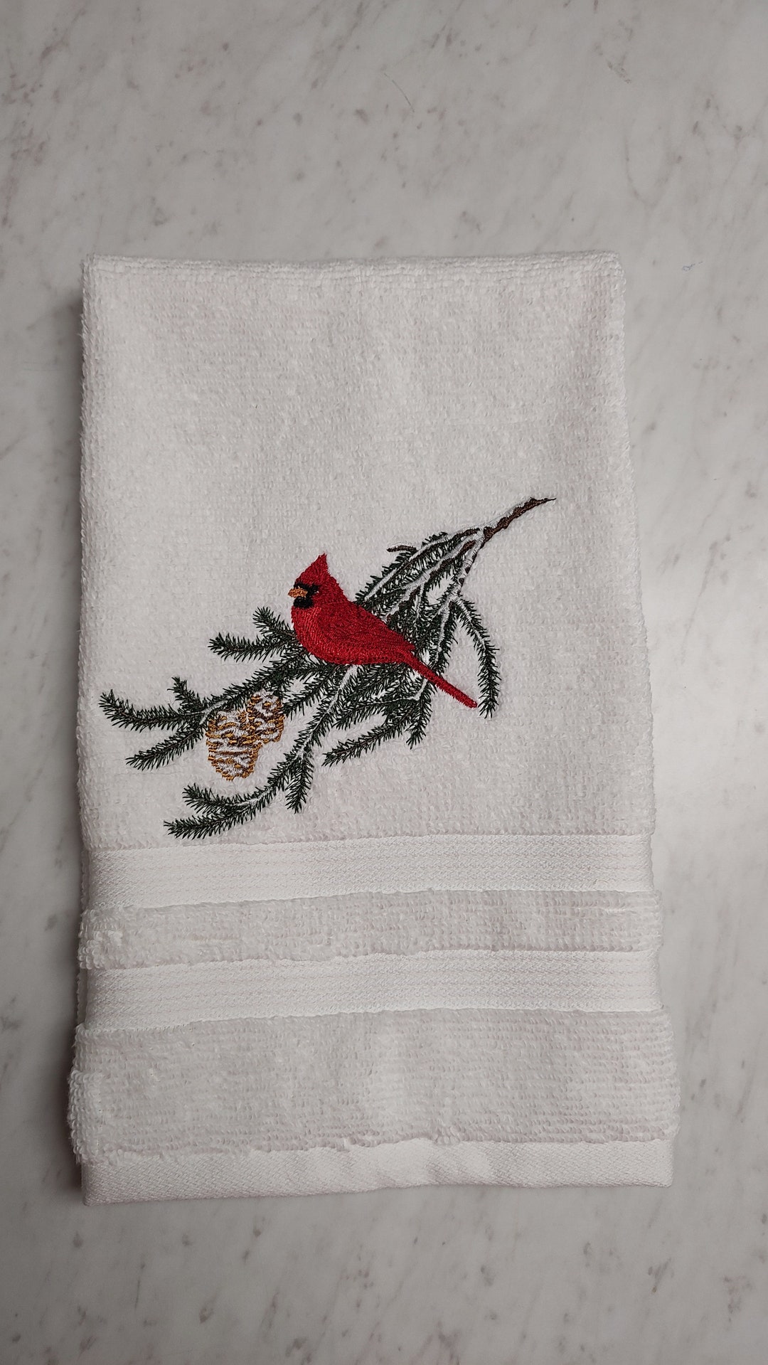 Embroidered Hand Towel, Cardinal on Pine Branch, Red Bird, Bathroom ...