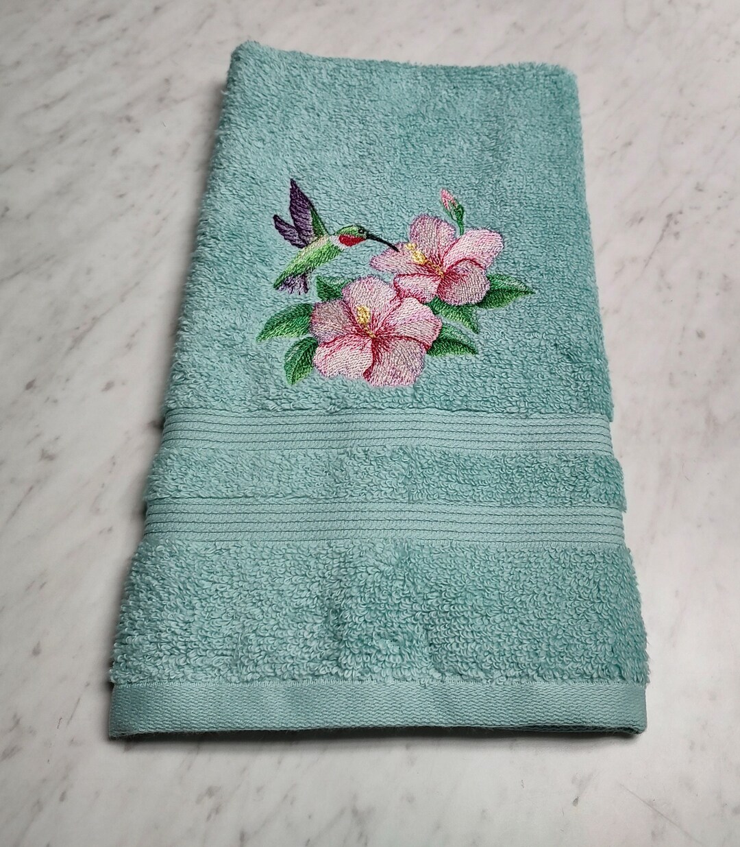 Embroidered Hand Towel, Hummingbirds, Hibiscus, Mint/light Teal ...