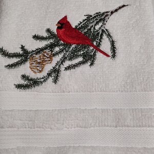 Embroidered Hand Towel, Cardinal on Pine Branch, Red Bird, Bathroom ...