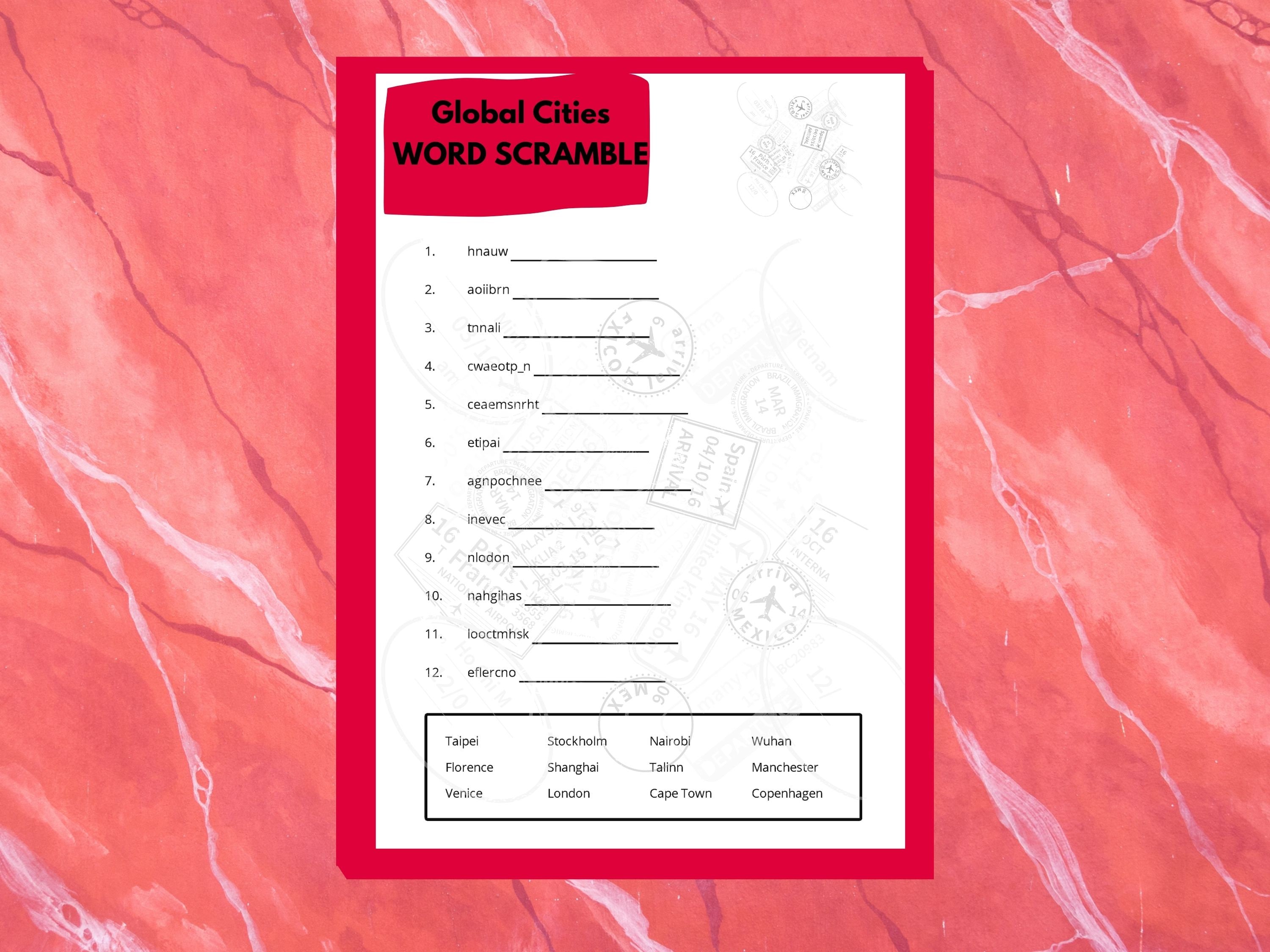 Global Cities Word Scramble. Wort-Rätsel-Spiel. Word Scramble zum ...