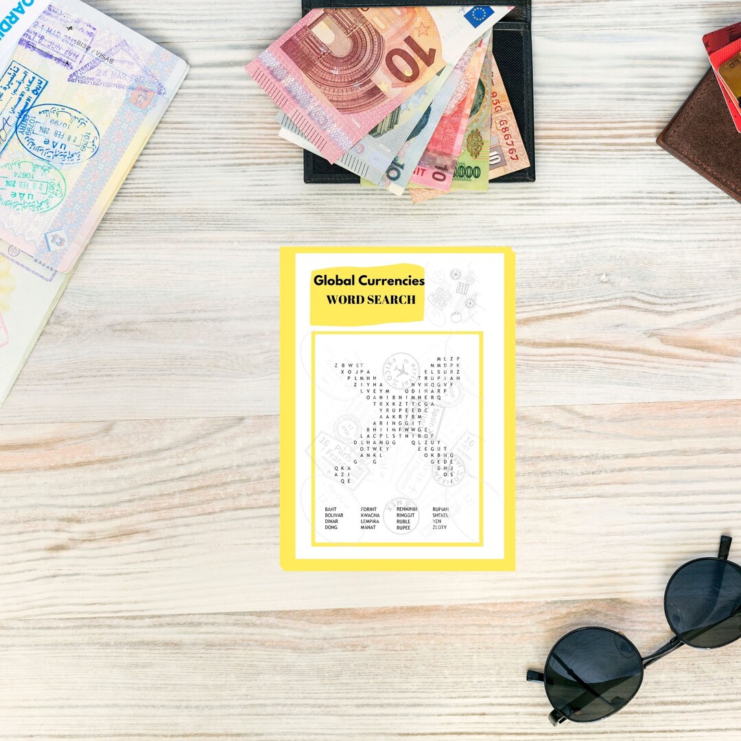 Global Currencies Word Search. Word Search Game. Travel Word Game ...