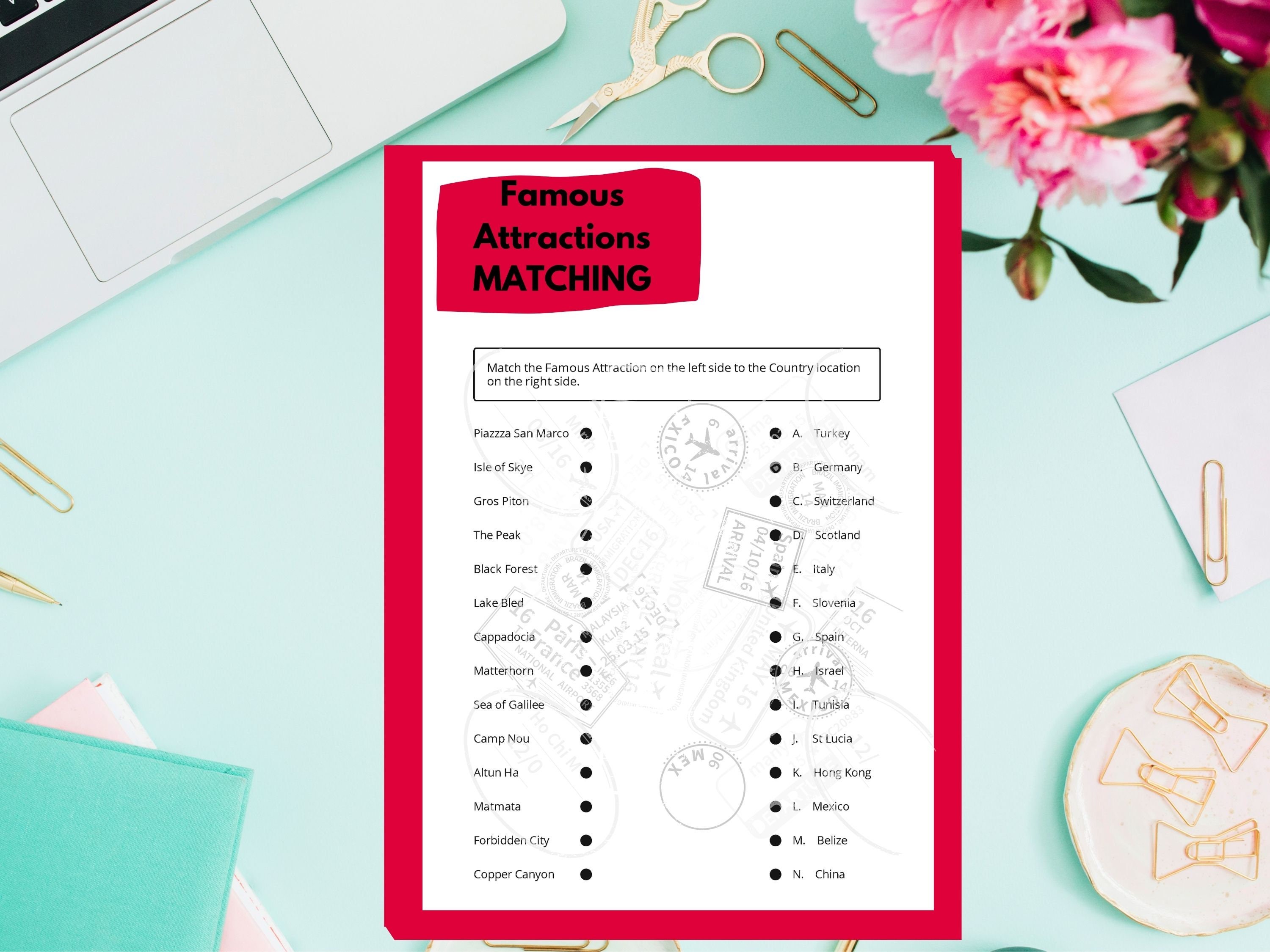 Famous Attractions Word Matching Game. Word Matching Game. Travel Game ...