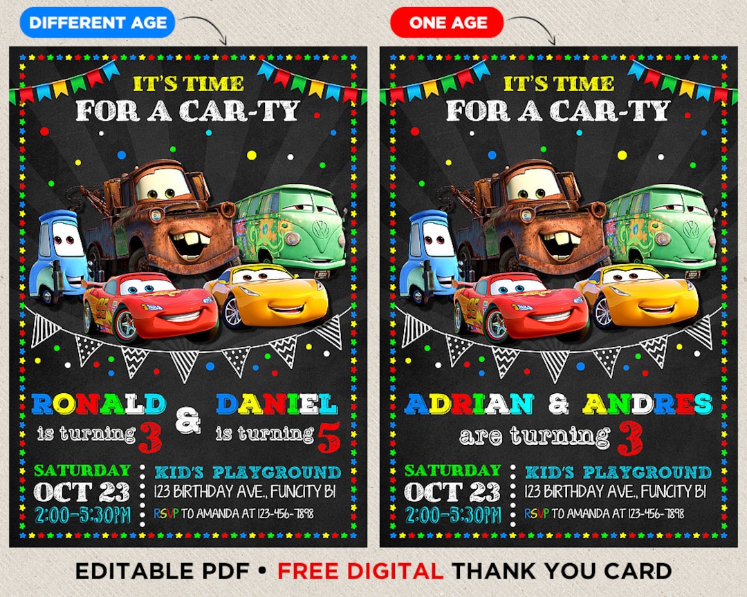 Cars Birthday Invitation for Twins Invite Siblings Thank You Card Two ...