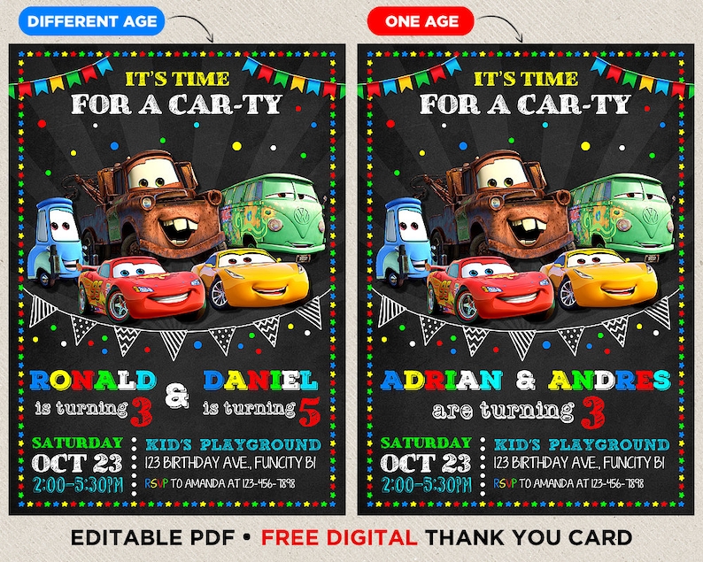Cars Birthday Invitation for Twins Invite Siblings Thank You Card Two ...