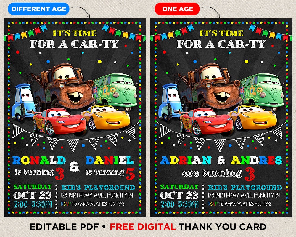 Cars Birthday Invitation for Twins Invite Siblings Thank You Card Two ...