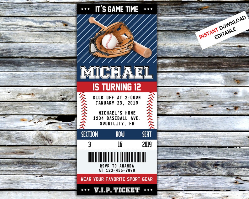 Baseball Ticket Birthday Invitation Sports Invite Party for - Etsy