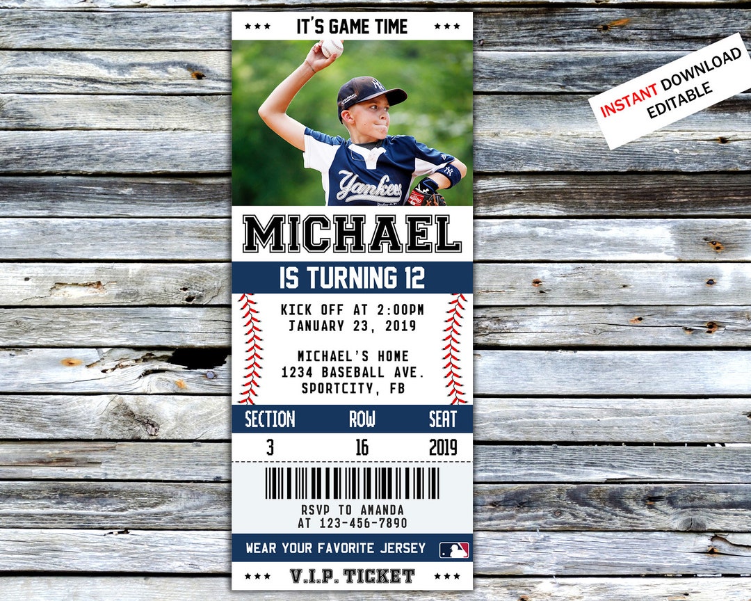 Baseball Ticket Birthday Invitation Sports Invite Party for Boy and ...