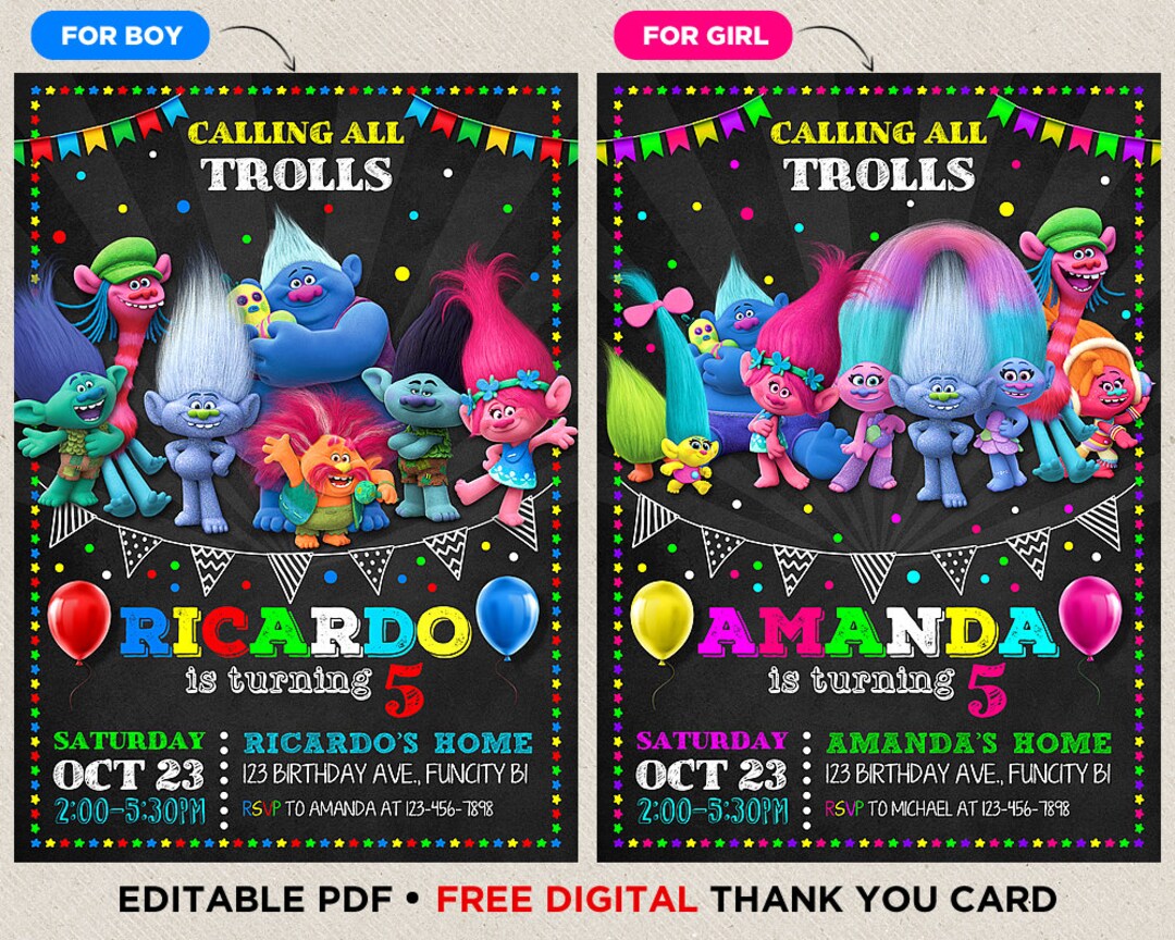 Trolls Birthday Invitation Party Invite for Boy and Girl Thank You Card ...
