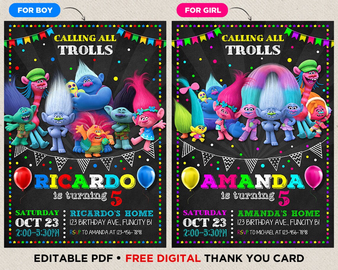 Trolls Birthday Invitation Party Invite for Boy and Girl Thank - Etsy