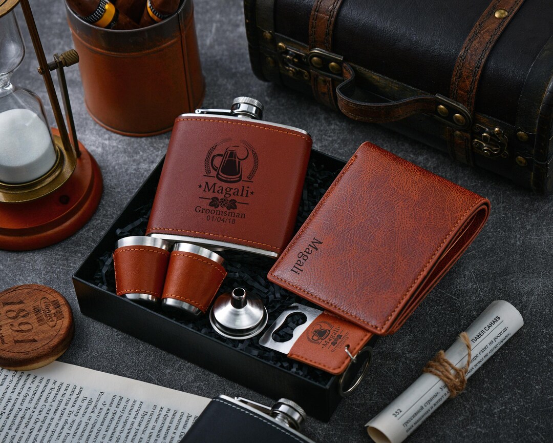 Personalized Groomsmen Flasks Sets | Customized Leather Flask Wallet ...