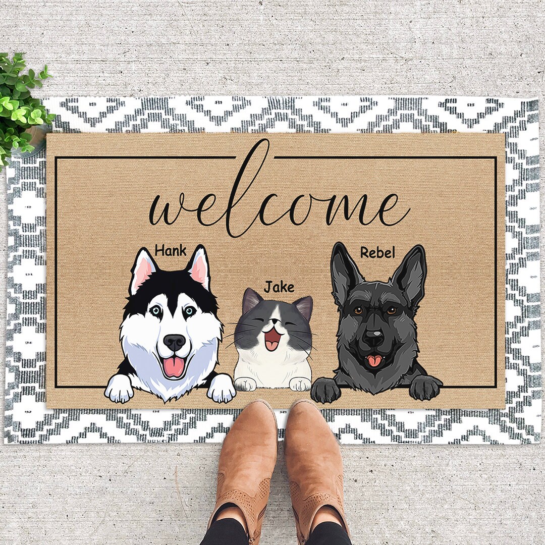 Custom Dog Cat Doormat, Funny Welcome Door Mat, Dog Cat Lover Gift, Cat ...