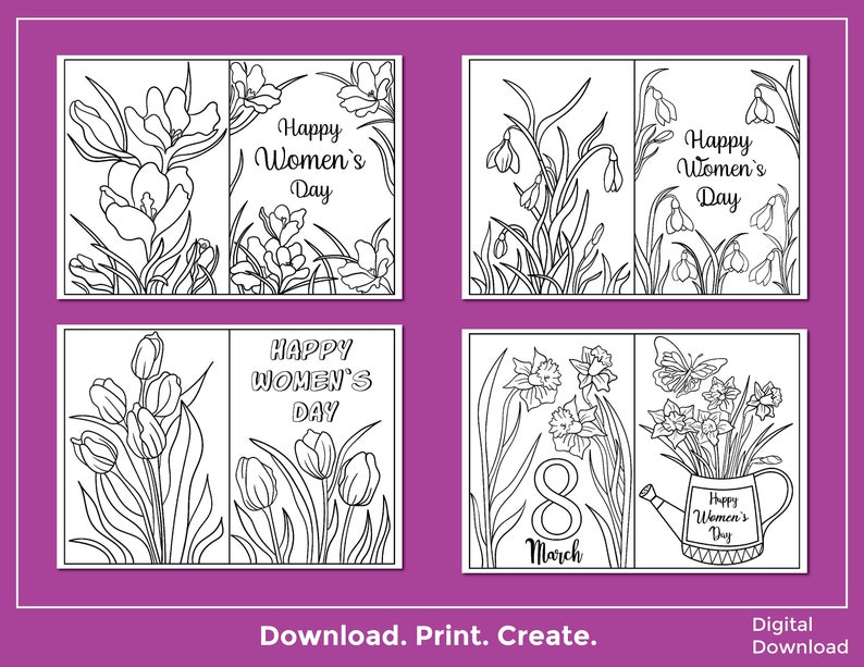 6 Pages Women's Day Printable Coloring Greeting Cards for Kids and ...