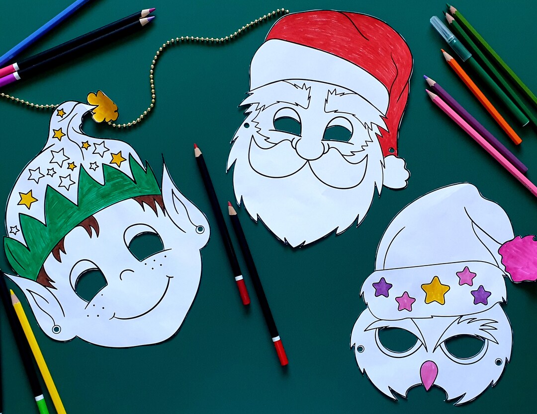Christmas Printables - 6 Coloring Face Masks Cut Out - Santa, Rudolph ...