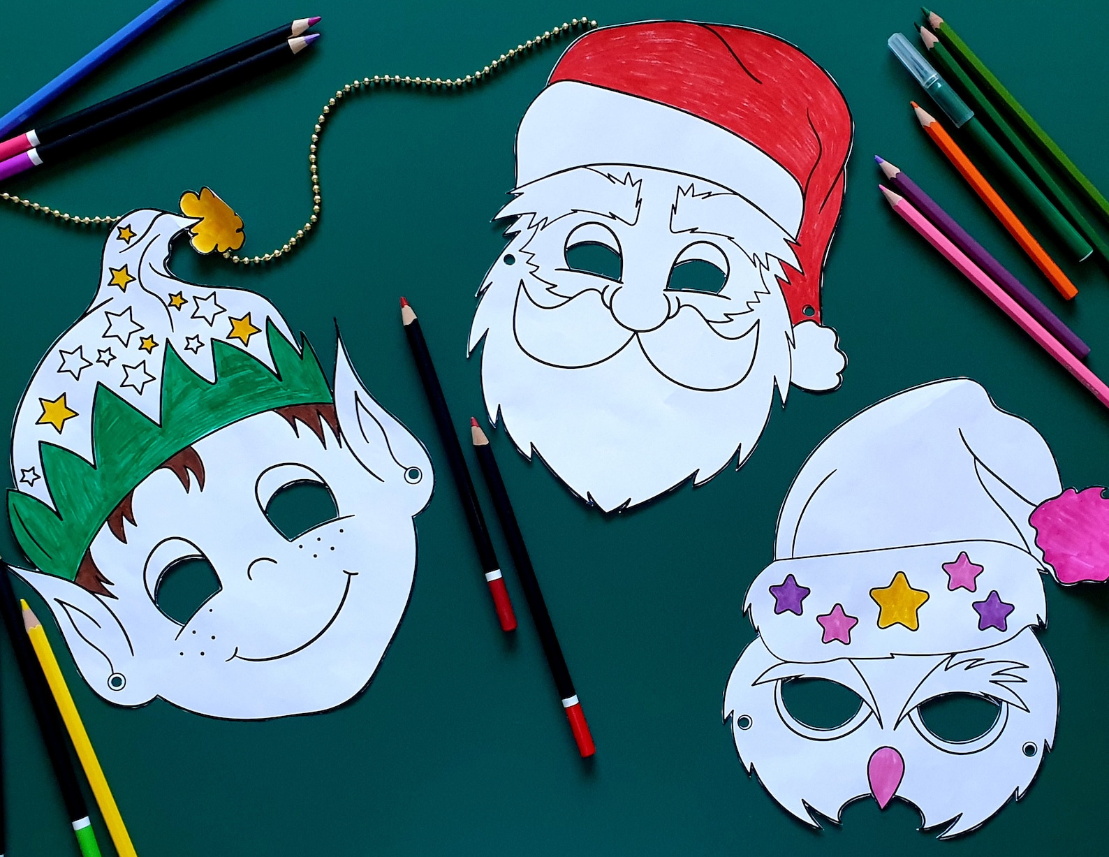Christmas Printables - 6 Coloring Face Masks Cut Out - Santa, Rudolph ...
