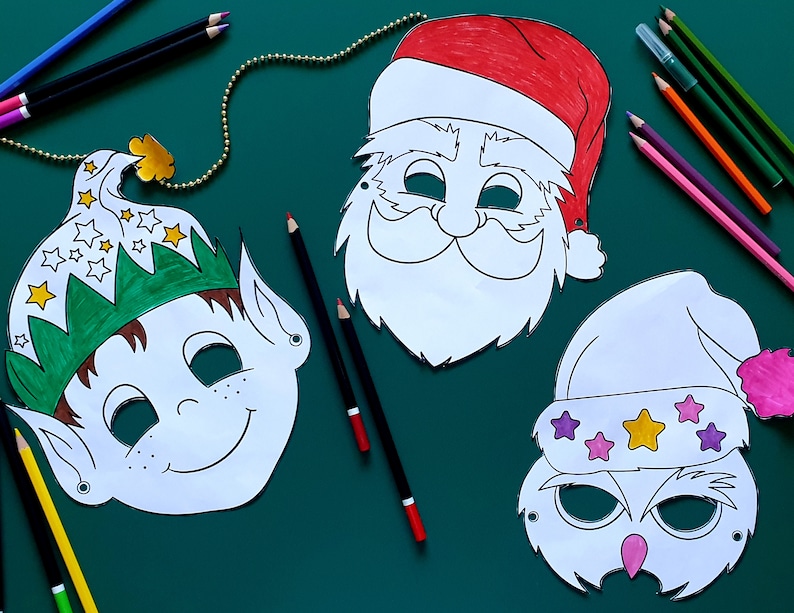 Christmas Printables - 6 Coloring Face Masks Cut Out - Santa, Rudolph ...