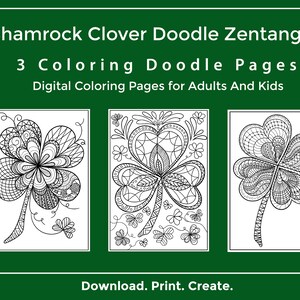 3 Pages Printable Coloring Page Shamrock Doodle Zentangle Art - Instant ...