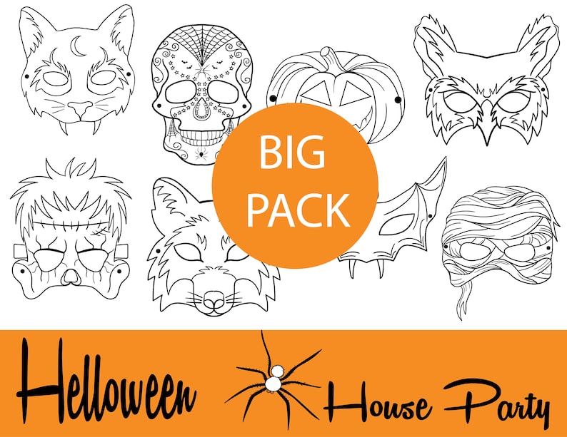 Halloween House Party 8 Printable Coloring Masks for Kids, Girls and ...