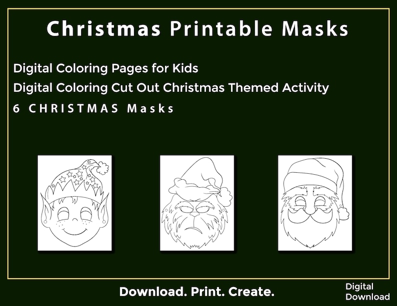 Christmas Printables - 6 Coloring Face Masks Cut Out - Santa, Rudolph ...