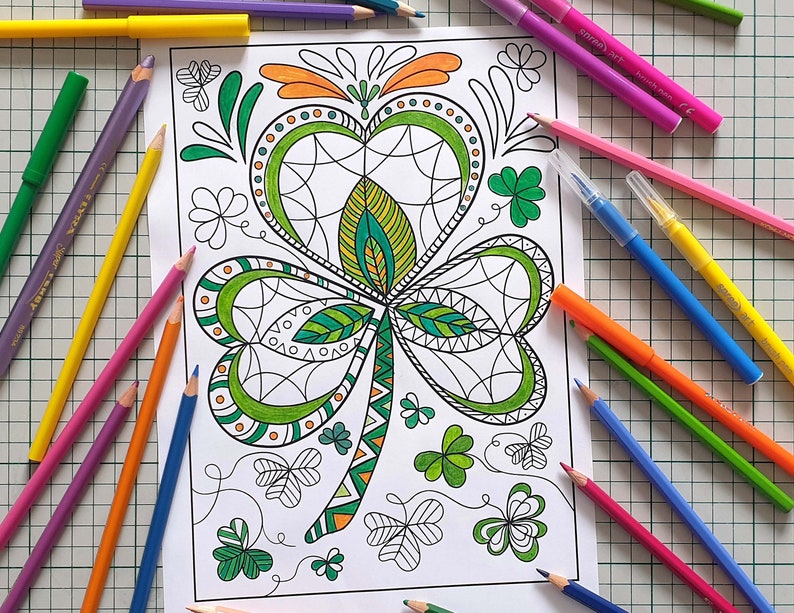 3 Pages Printable Coloring Page Shamrock Doodle Zentangle Art - Instant ...