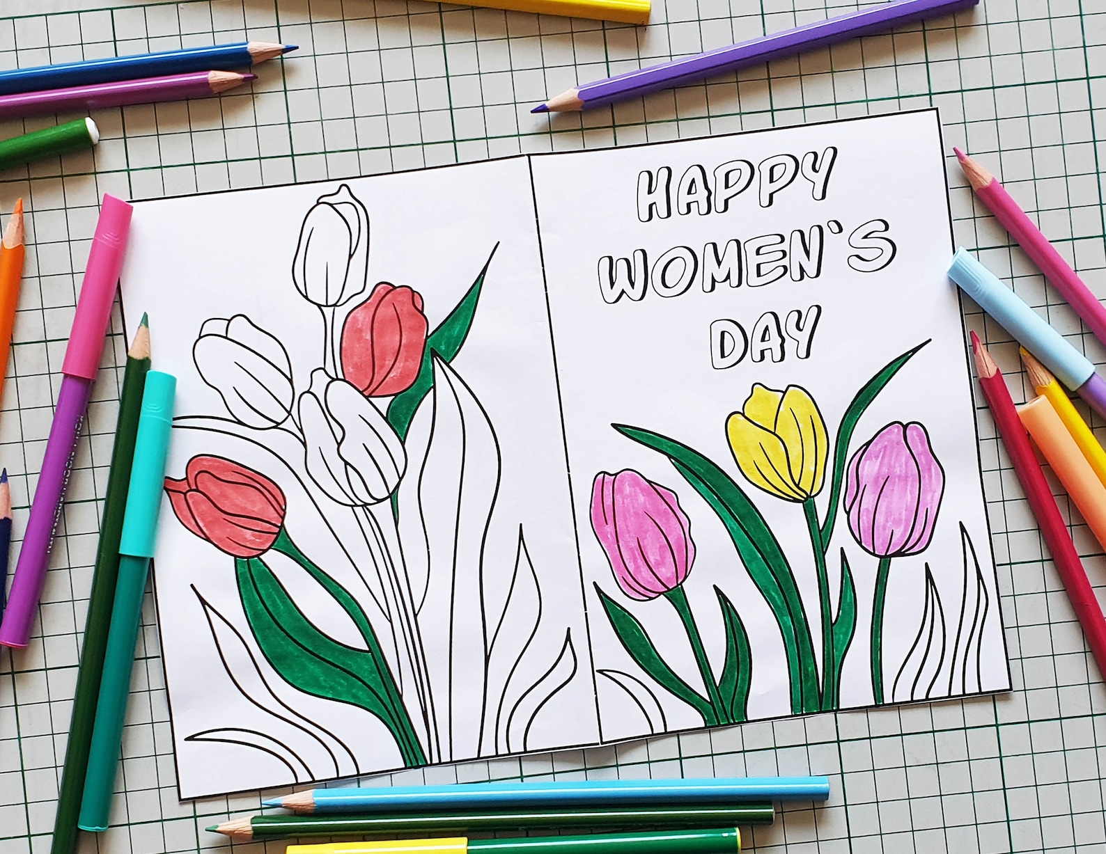 6 Pages Women's Day Printable Coloring Greeting Cards for - Etsy