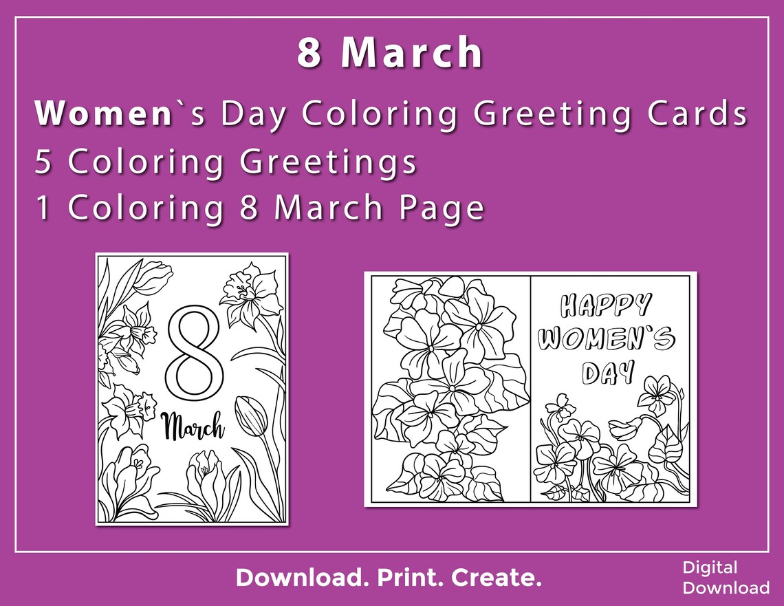 6 Pages Women's Day Printable Coloring Greeting Cards for Kids and ...