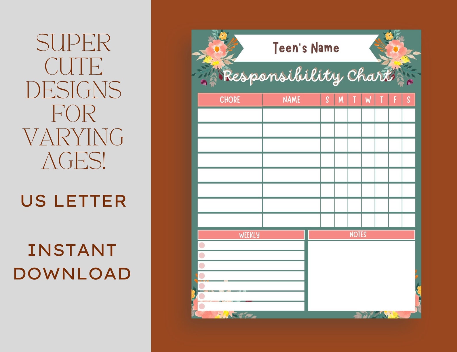 Editable Girls Reward Chart, Personalized Floral Responsibility Chore ...