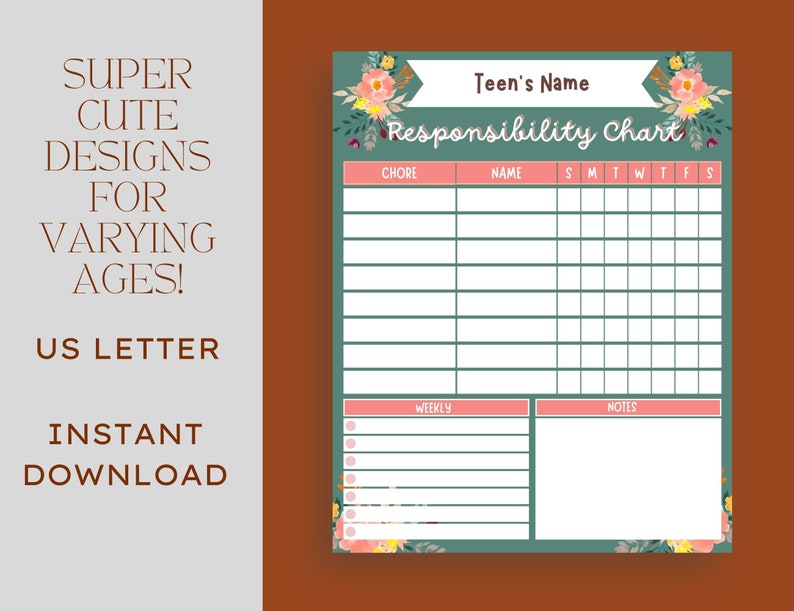 Editable Girls Reward Chart, Personalized Floral Responsibility Chore ...