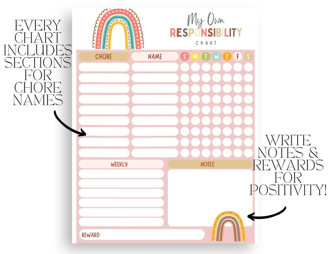 Boho Rainbow Editable Girls Reward Chart, Personalized Responsibility ...