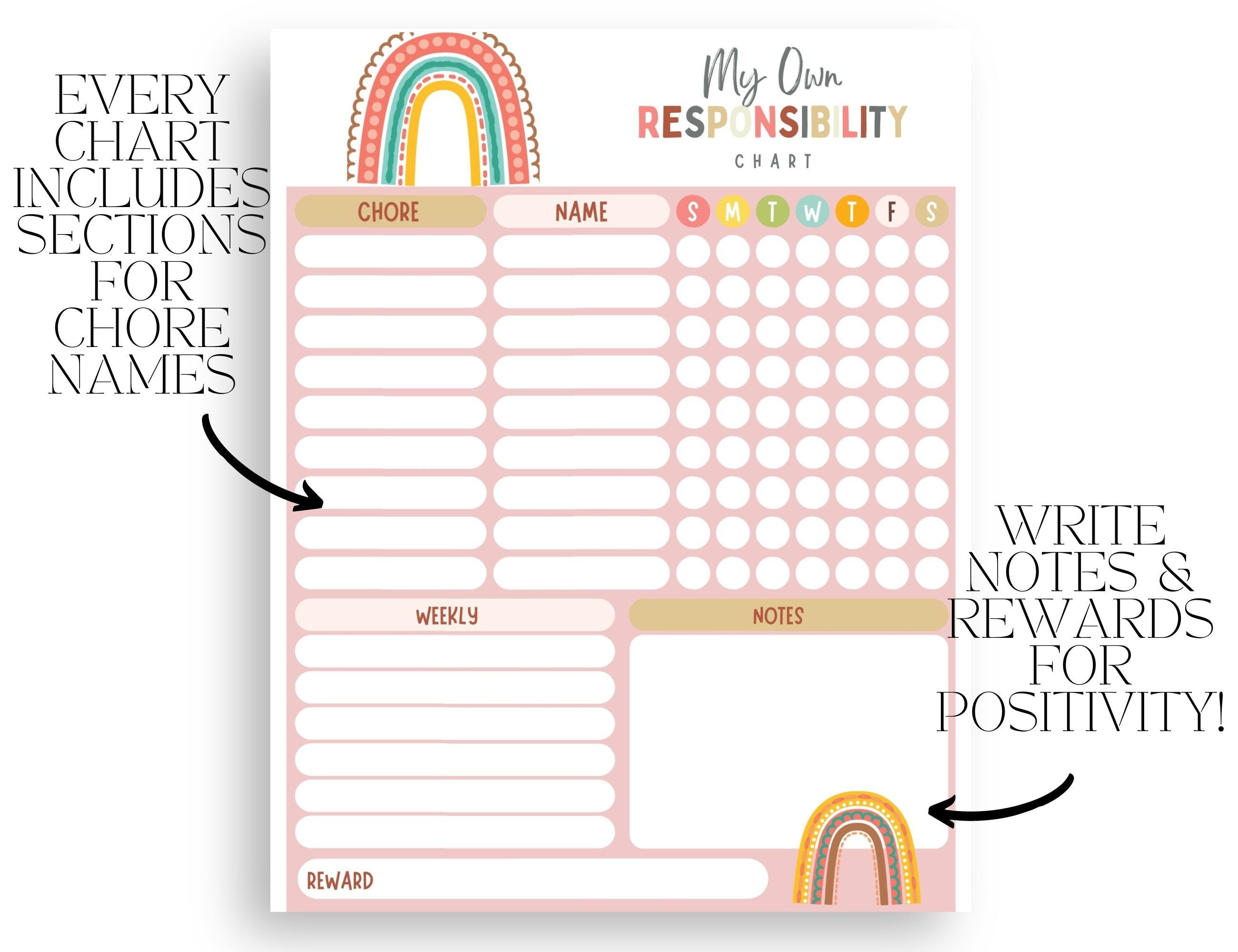 Boho Rainbow Editable Girls Reward Chart, Personalized Responsibility ...