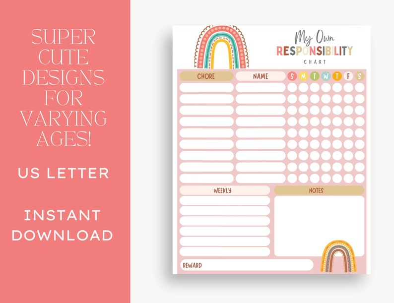 Boho Rainbow Editable Girls Reward Chart, Personalized Responsibility ...
