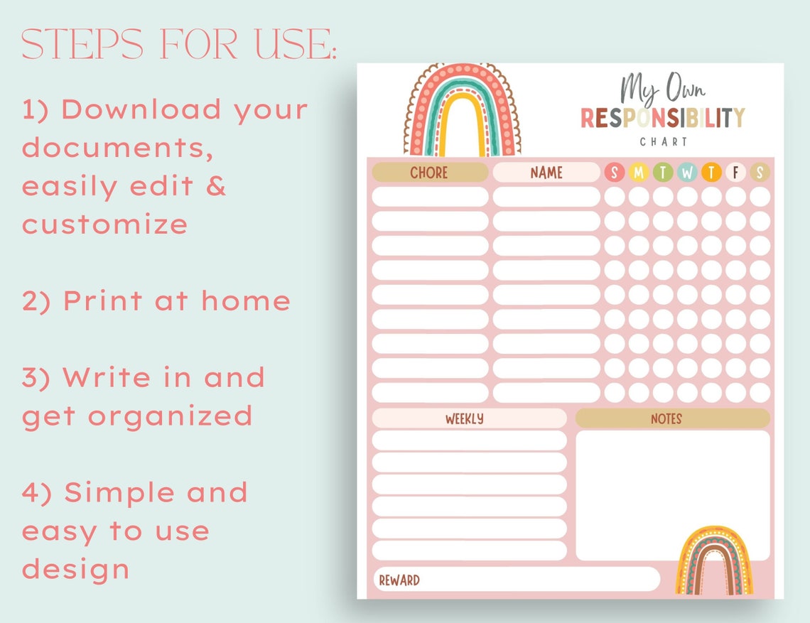Boho Rainbow Editable Girls Reward Chart, Personalized Responsibility ...