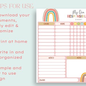 Boho Rainbow Editable Girls Reward Chart, Personalized Responsibility ...