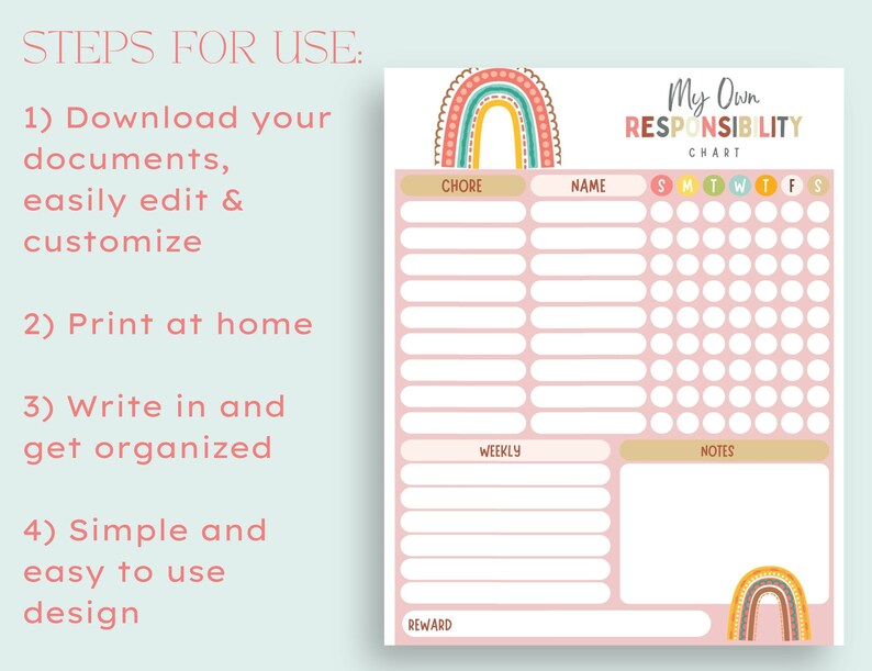 Boho Rainbow Editable Girls Reward Chart, Personalized Responsibility ... Boho Rainbow Editable Girls Reward Chart, Personalized Responsibility ...