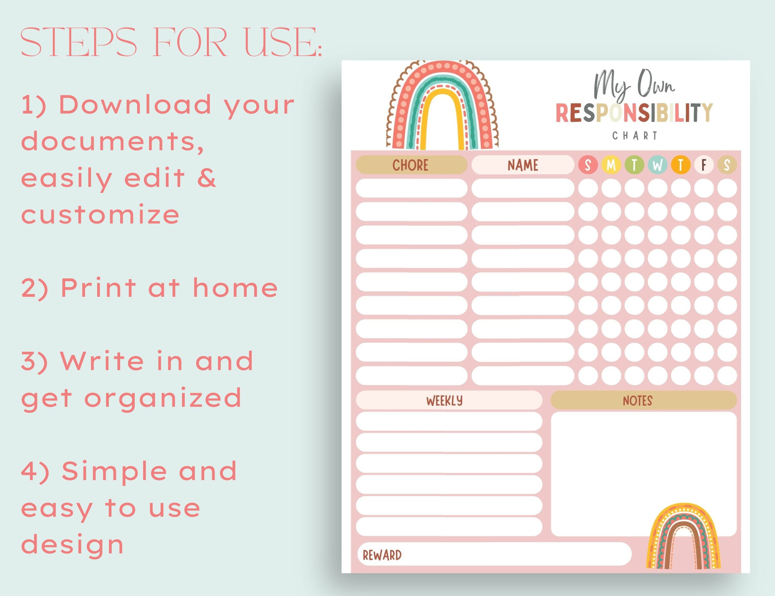Boho Rainbow Editable Girls Reward Chart, Personalized Responsibility ...