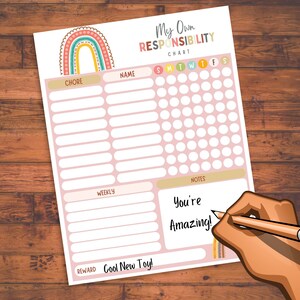 Boho Rainbow Editable Girls Reward Chart, Personalized Responsibility ...
