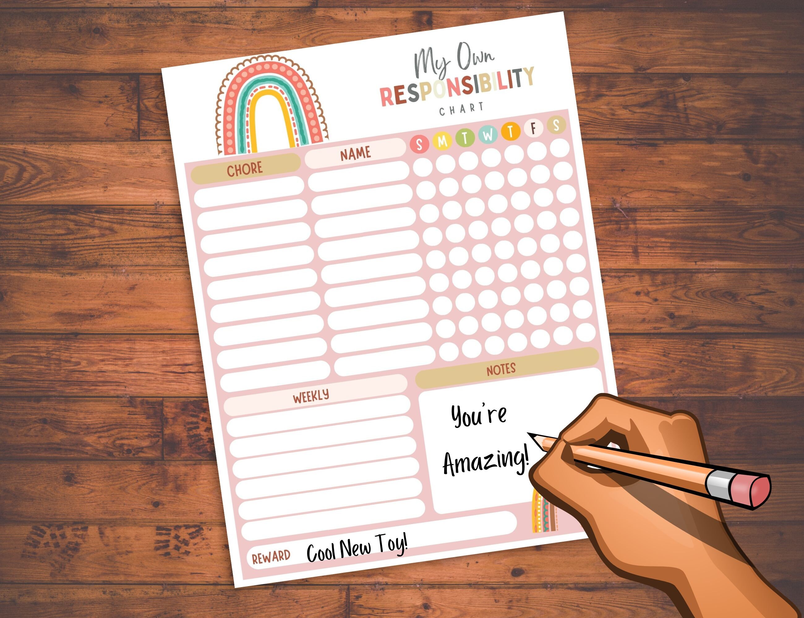 Boho Rainbow Editable Girls Reward Chart, Personalized Responsibility ...