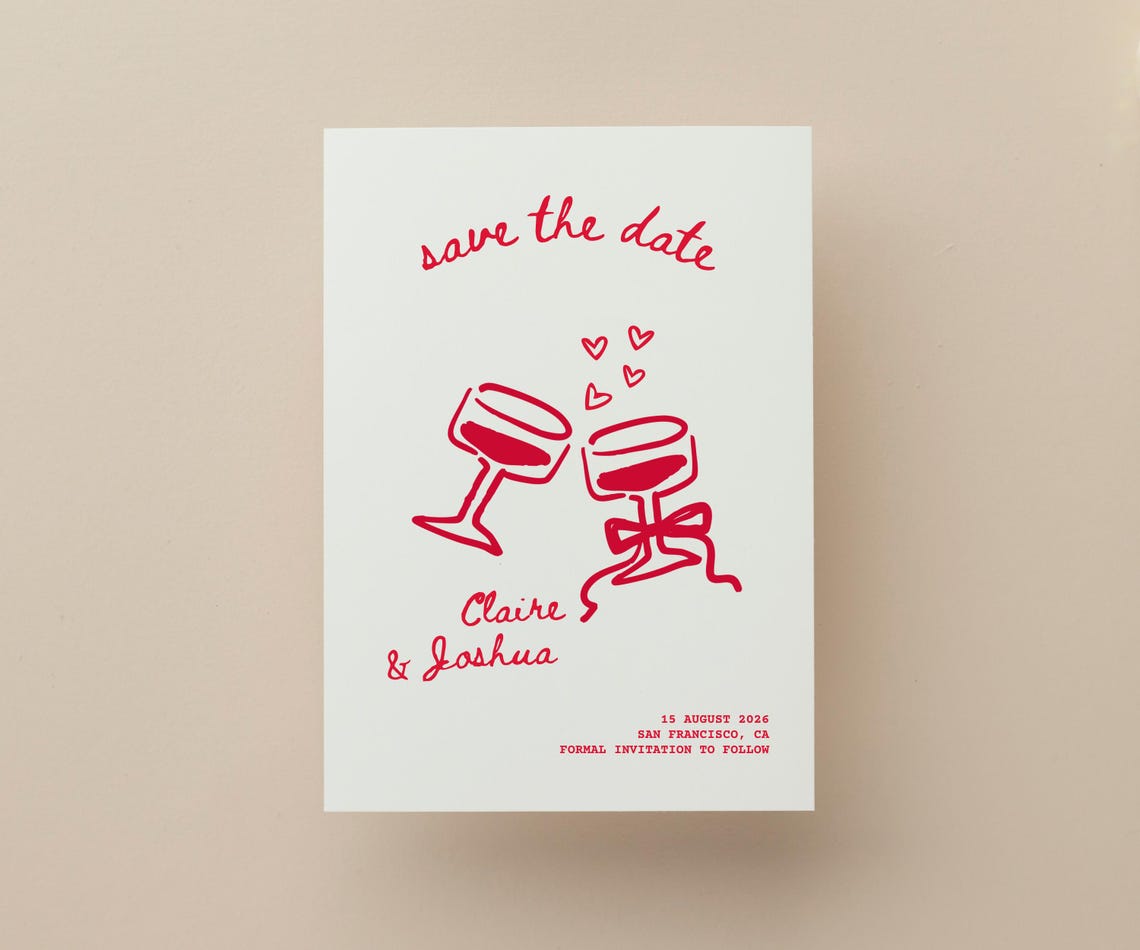 Playful Red Modern‑vintage Save the Date Wedding Invitation (canva ...