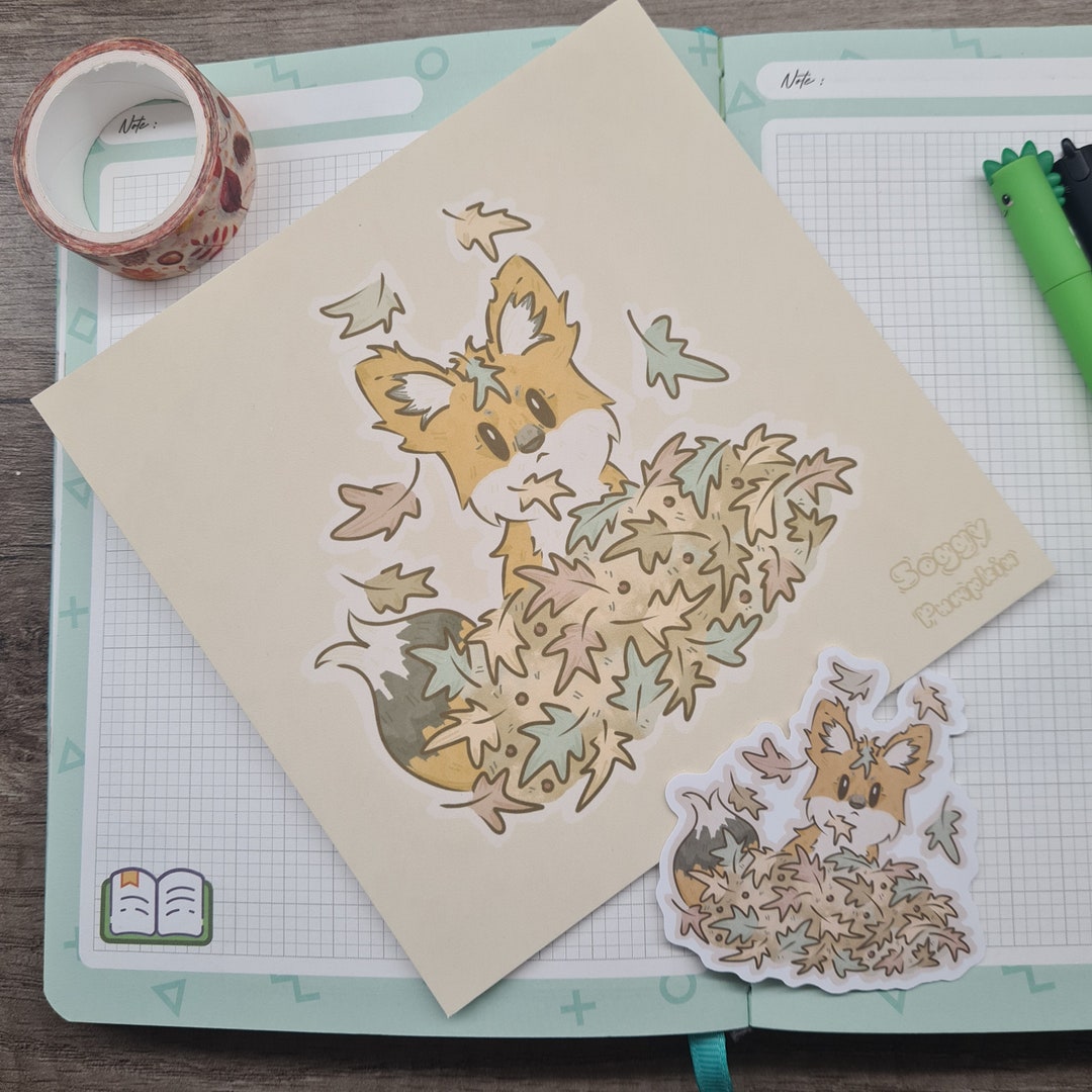 Fox in Leaf Pile Art Print - Etsy