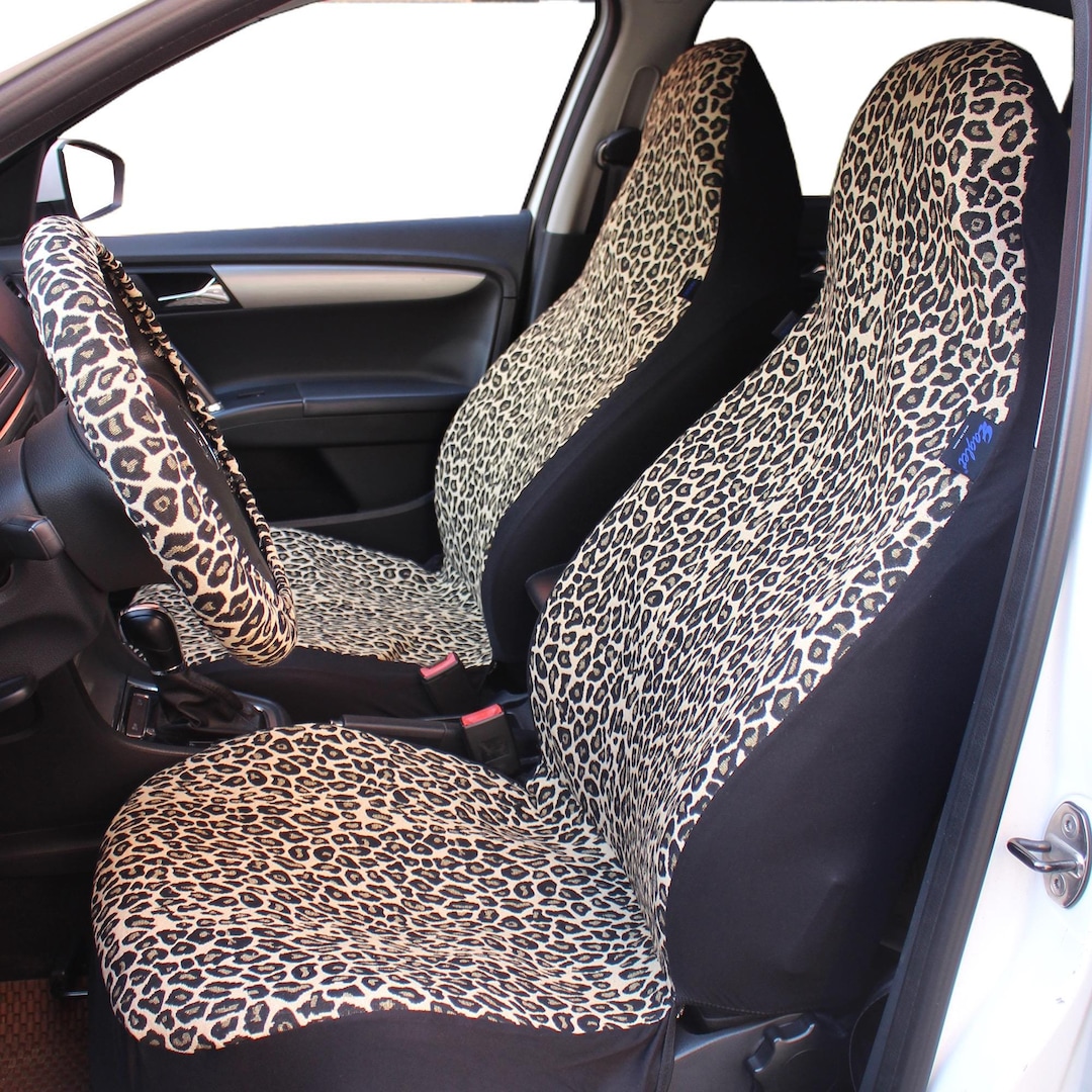 Beige Leopard Cheetah Full Set Car Seat Covers, Handmade Front and Back ...