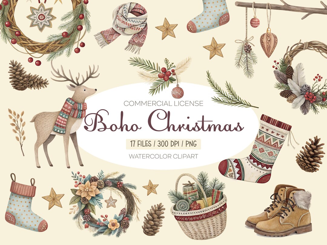 Boho Christmas Clipart Bundle, Christmas Clipart Set, Boho Christmas ...