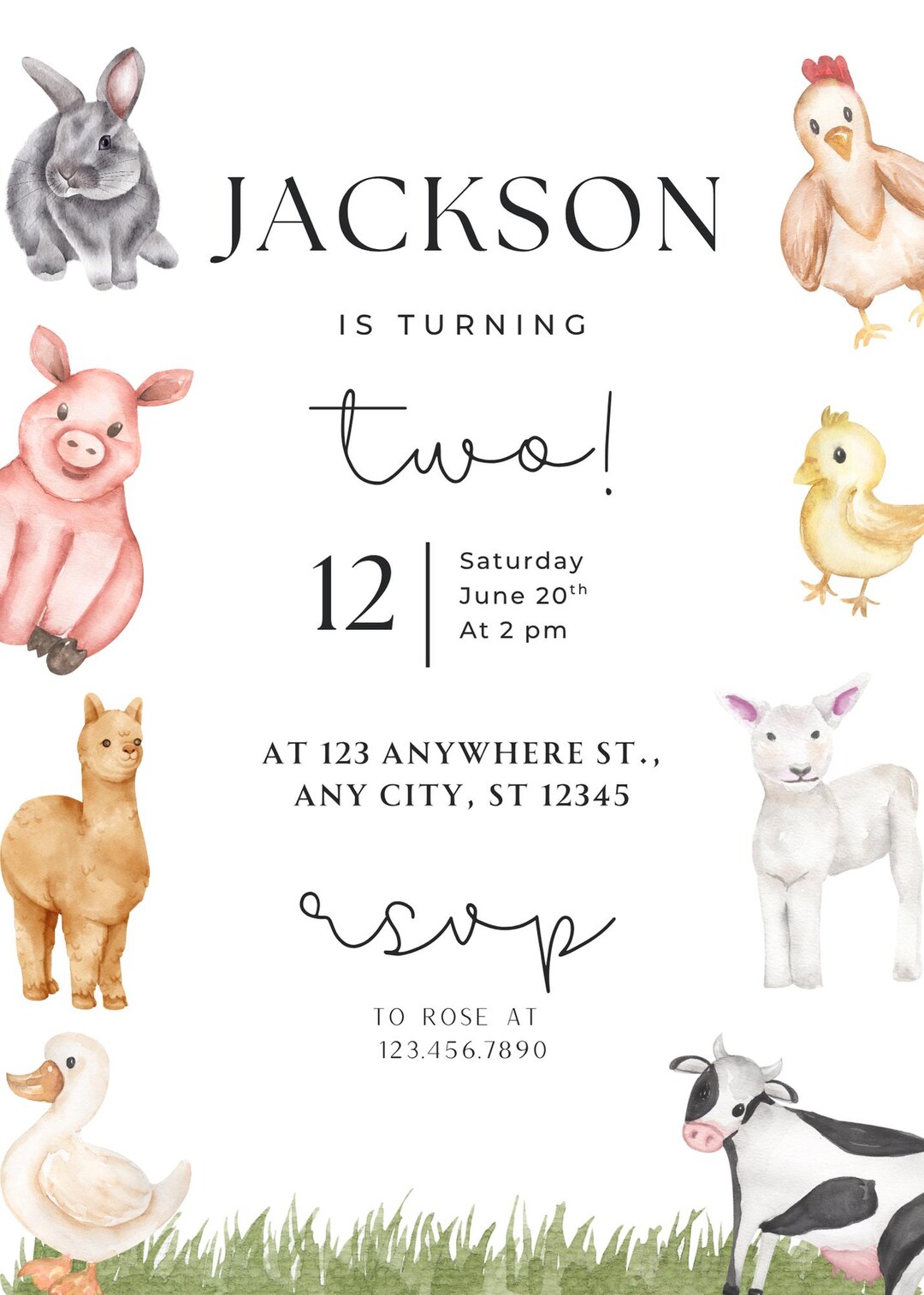 Jackson is Turning Two Invitation – Editable Farm Animal Birthday ...