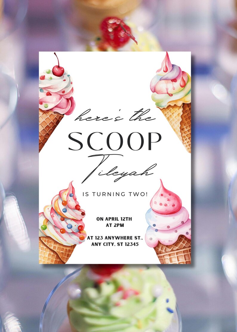 Here’s the Scoop Ice Cream Birthday Invitation | Editable Kids Party ...