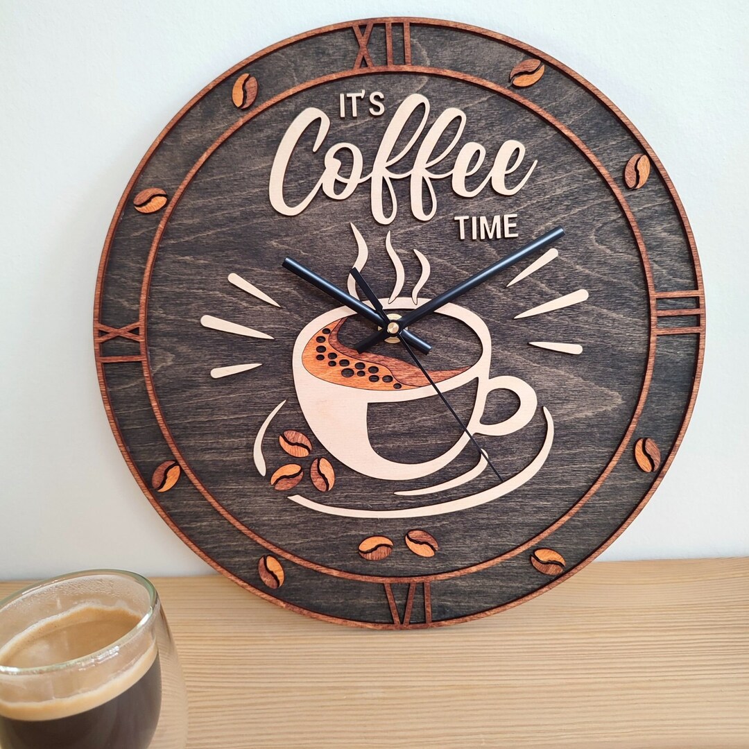 Wooden Coffee Cup Wall Clock, Round Pendulum With Numbers, Kitchen or ...