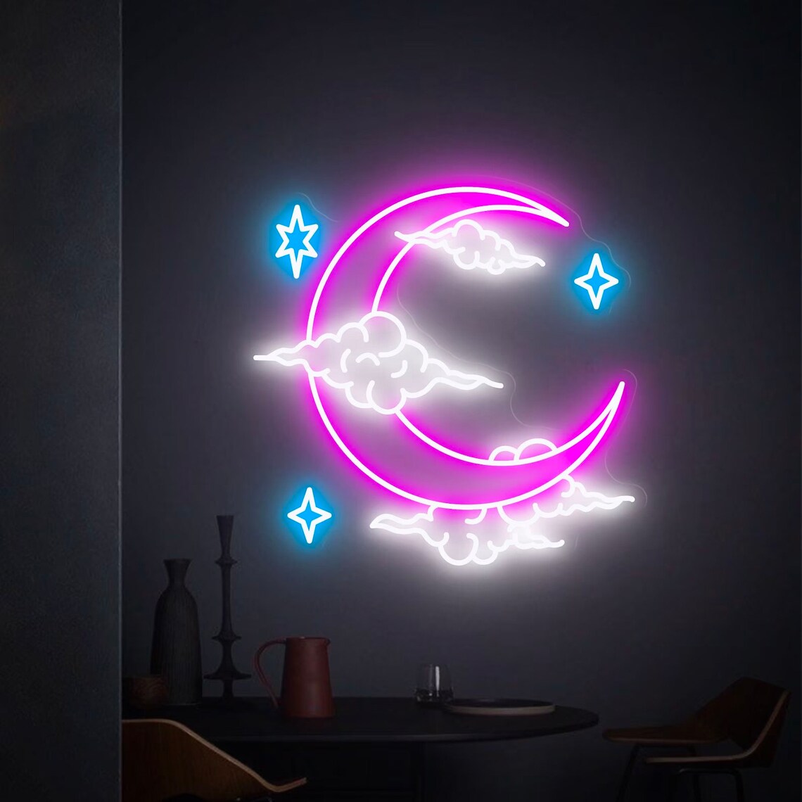 Moon Stars Neon Sign, Cloud Neon Sign, Moon Led Wall Light, Handmade ...