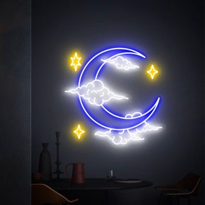 Moon Stars Neon Sign, Cloud Neon Sign, Moon Led Wall Light, Handmade ...