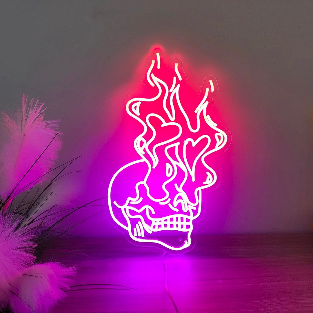 Skull Head Neon Sign Custom Handmade Art Neon Light Skull Fire Neon ...