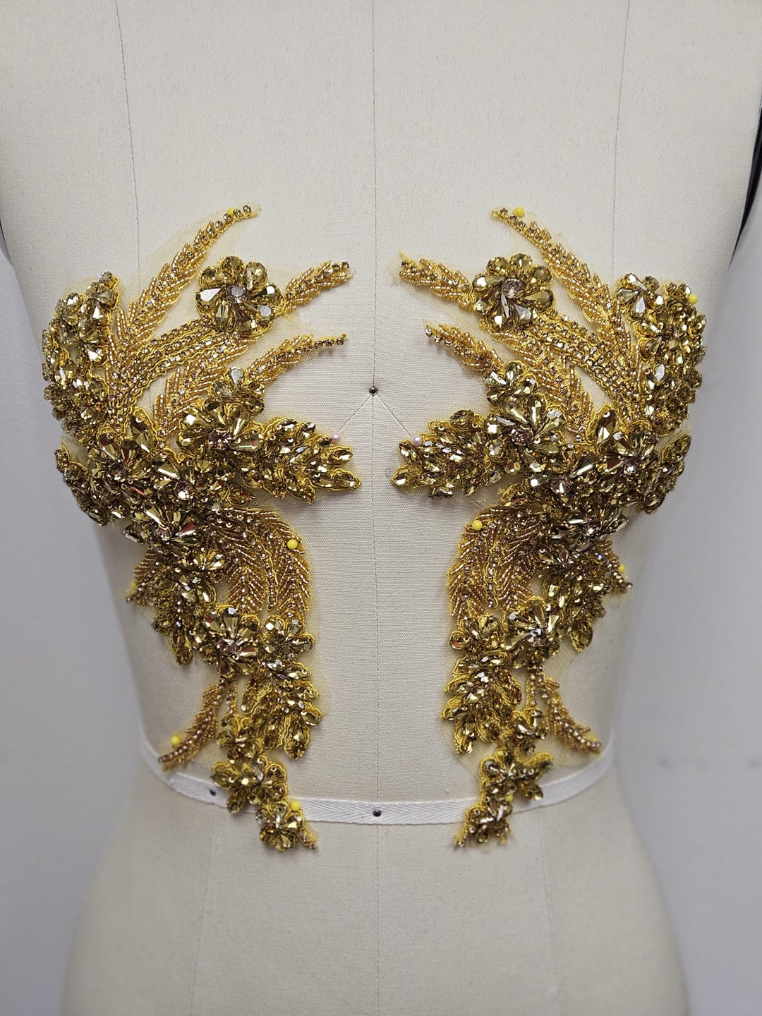 Gold Rhinestone Applique Pair, Gold Flower Rhinestone Applique ...