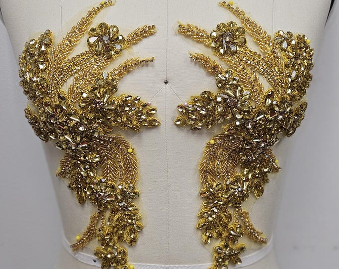 Gold Rhinestone Applique Pair, Gold Flower Rhinestone Applique ...