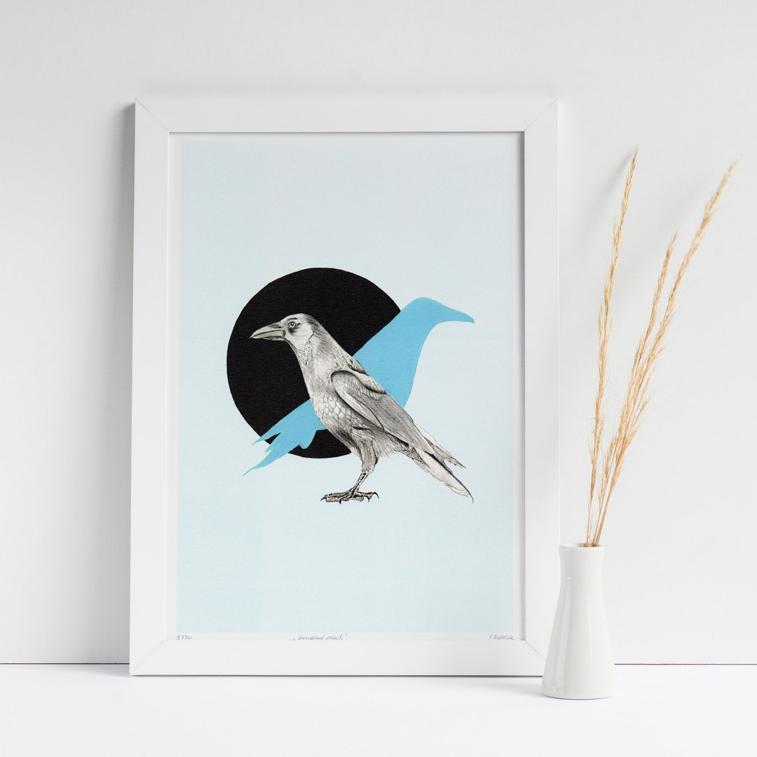 Raven on Blue Background Art Print, Handmade Poster A4 Size Signed ...