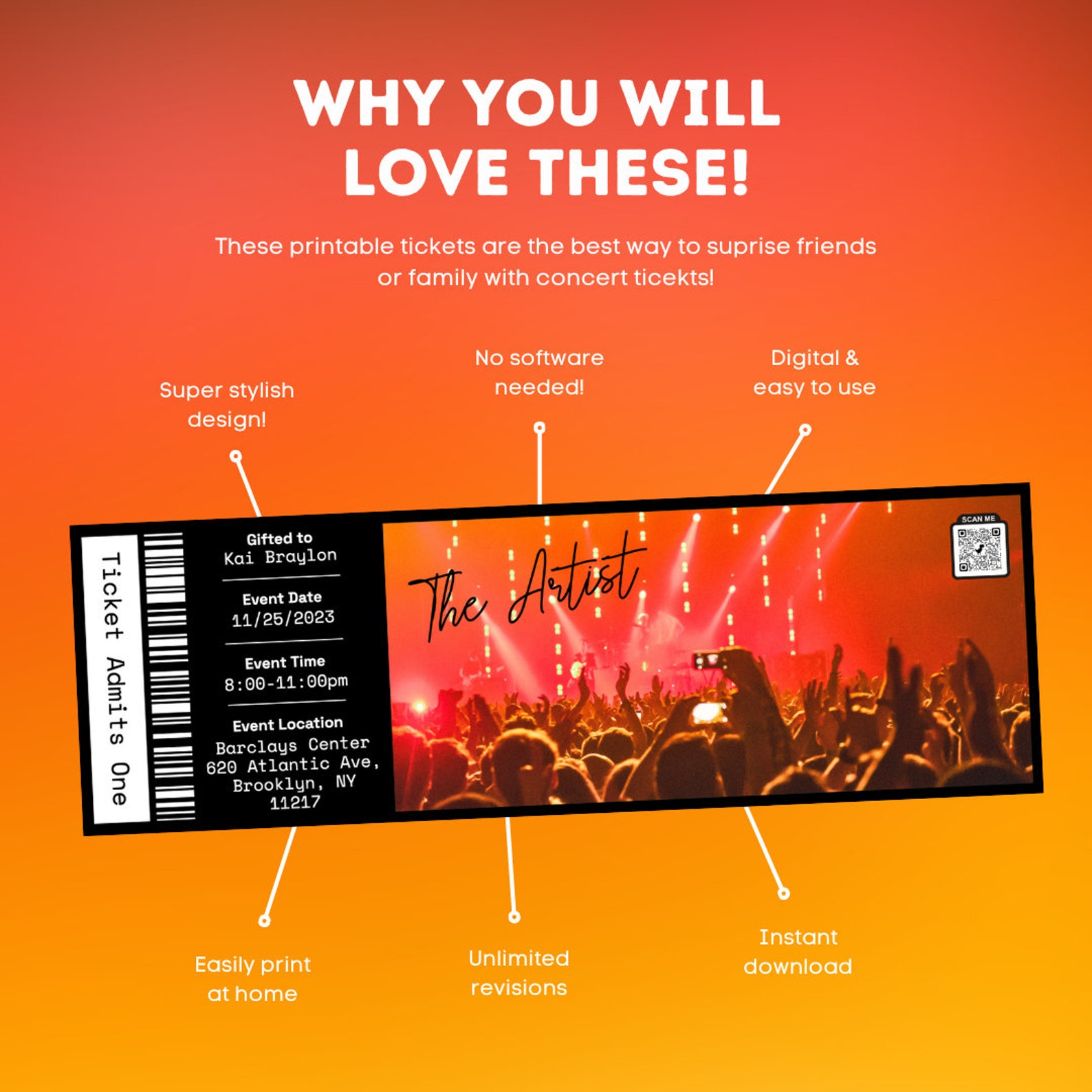 Concert Ticket Template Editable Concert Ticket Gift Custom Event ...